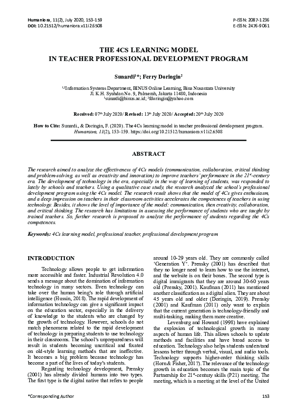 (PDF) The 4Cs Learning Model in Teacher Professional Development Program