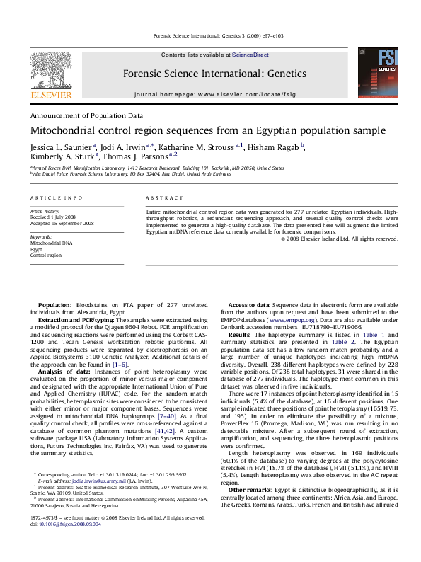 (PDF) Mitochondrial control region sequences from an Egyptian population sample