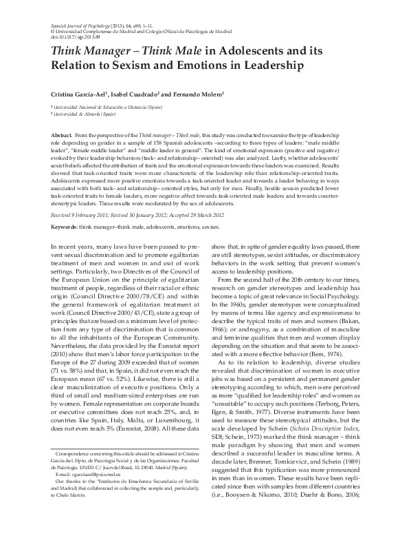 (PDF) Think Manager – Think Male in Adolescents and its Relation to ...