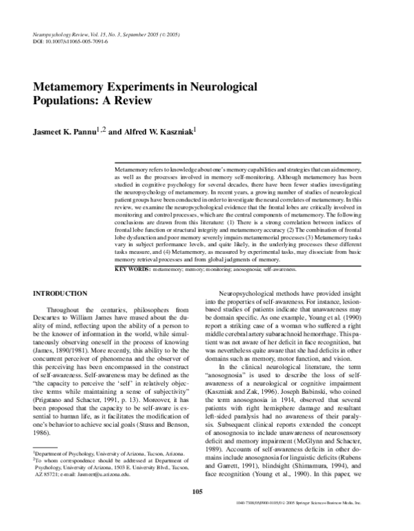 (PDF) Metamemory Experiments in Neurological Populations: A Review