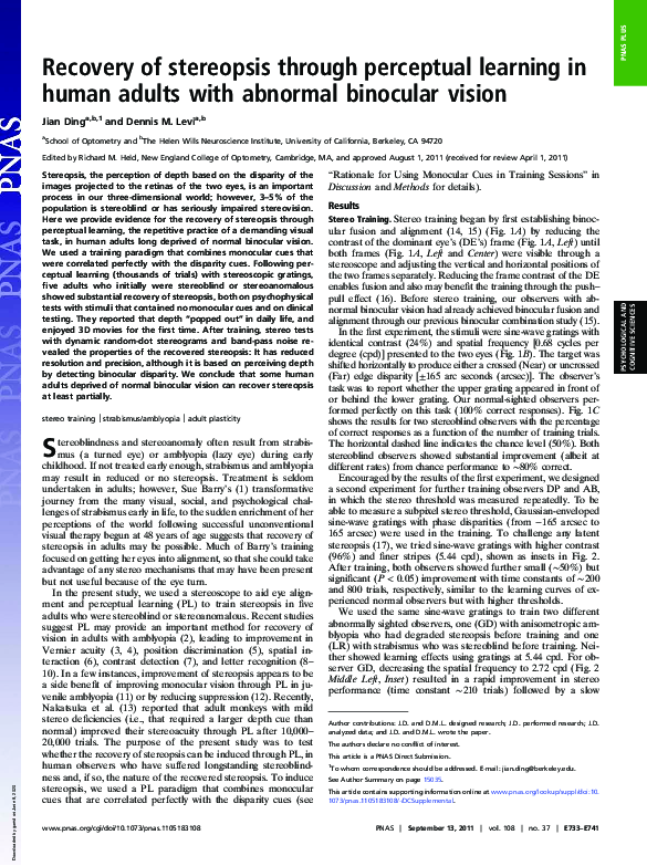 (PDF) Recovery of stereopsis through perceptual learning in human ...
