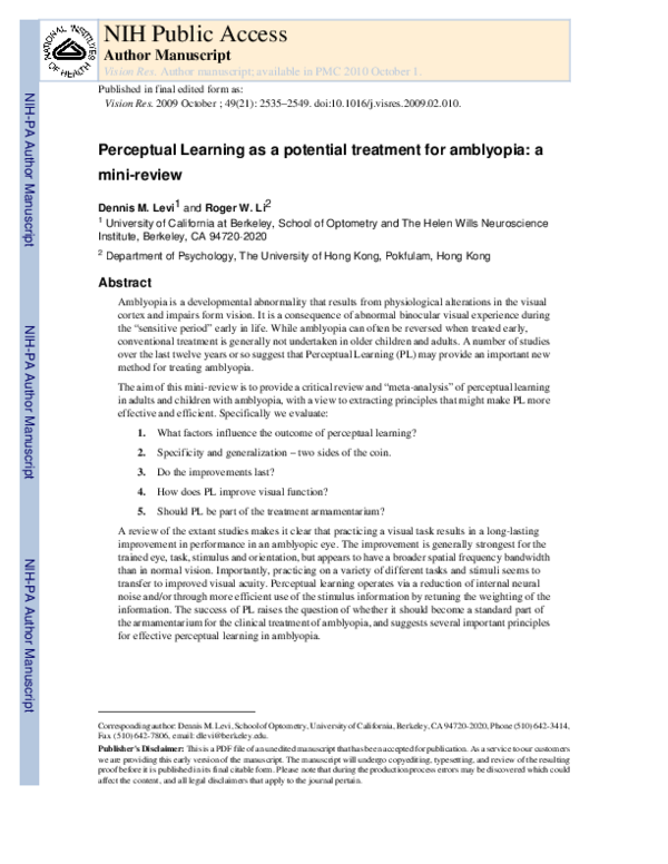 (PDF) Perceptual learning as a potential treatment for amblyopia: A mini-review