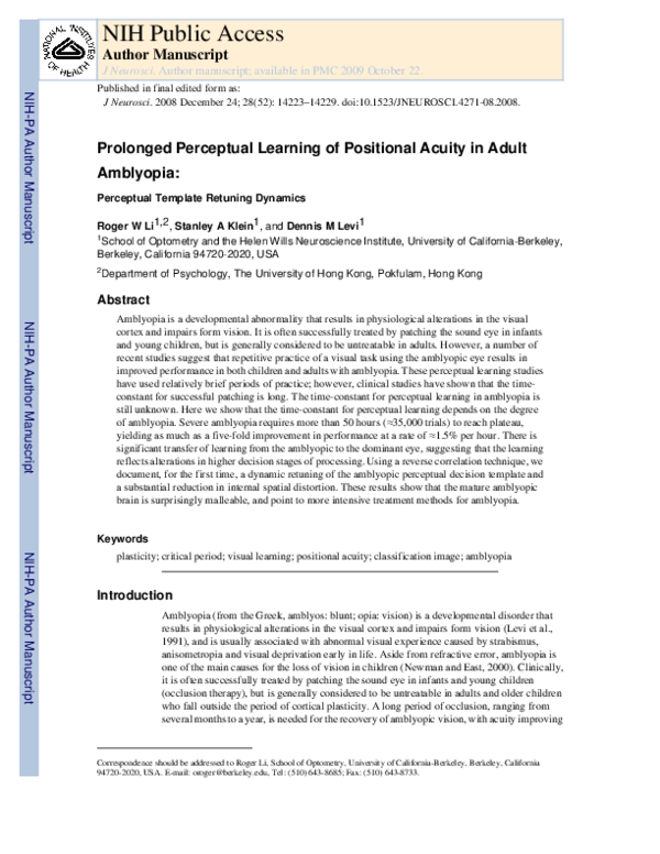 (PDF) Prolonged Perceptual Learning of Positional Acuity in Adult Amblyopia: Perceptual Template ...