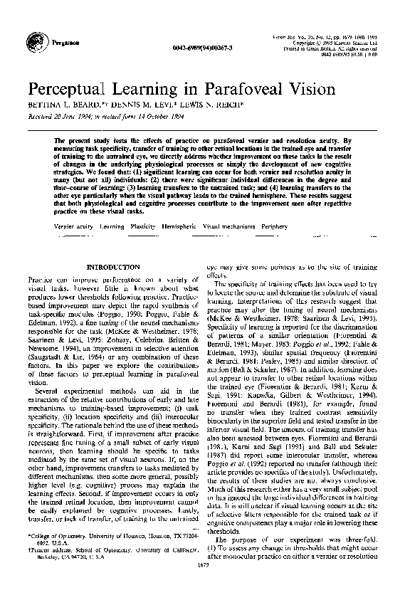 (PDF) Perceptual learning in parafoveal vision