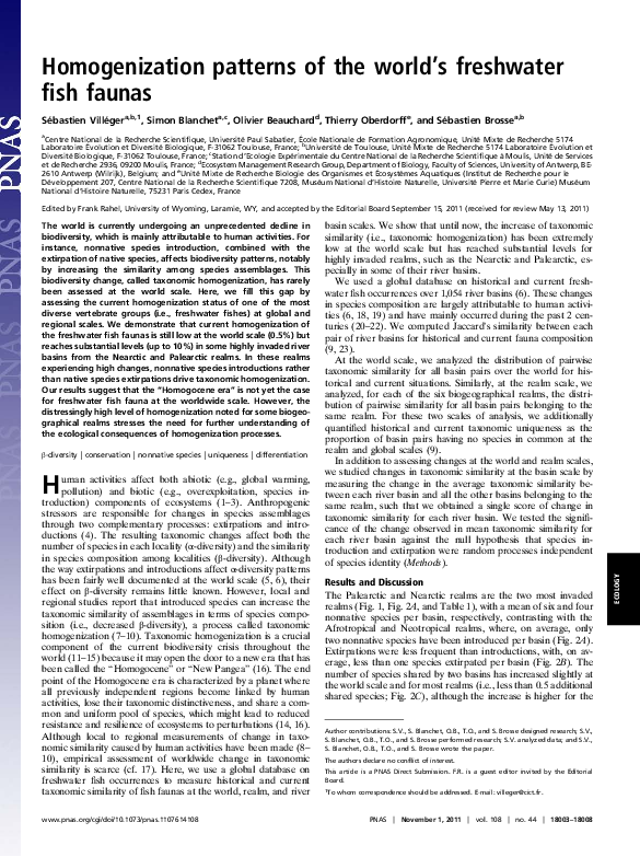 (PDF) Homogenization patterns of the world's freshwater fish faunas