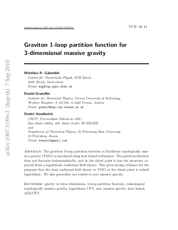 (PDF) Graviton 1-loop partition function for 3-dimensional massive gravity