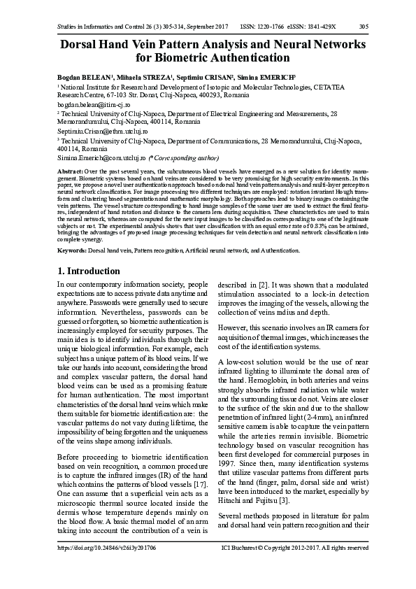 Pdf Dorsal Hand Vein Pattern Analysis And Neural Networks For Biometric Authentication