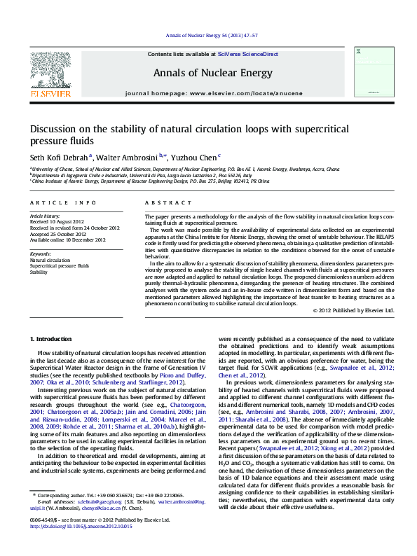 (PDF) Discussion on the stability of natural circulation loops with supercritical pressure fluids