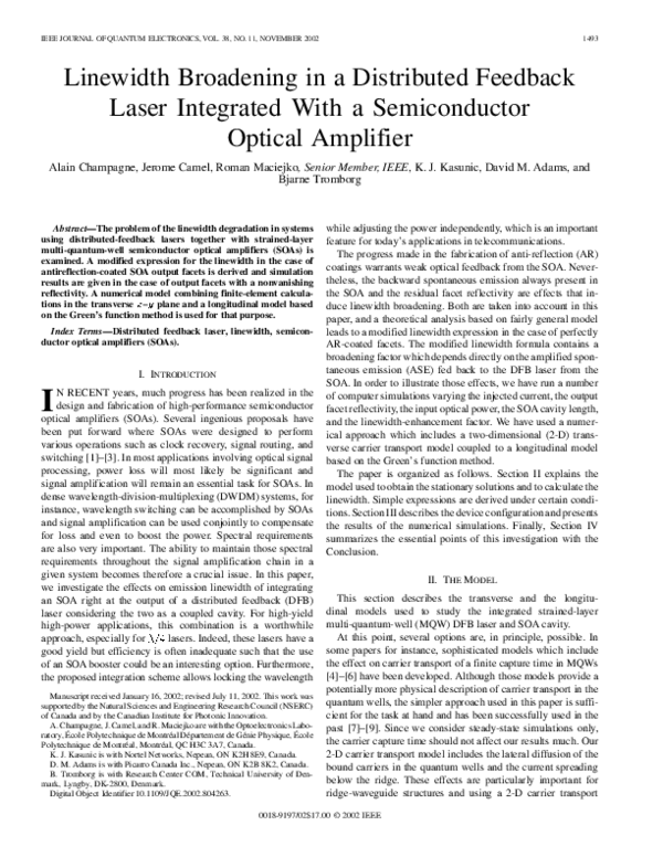 (PDF) Linewidth broadening in a distributed feedback laser integrated with a semiconductor ...