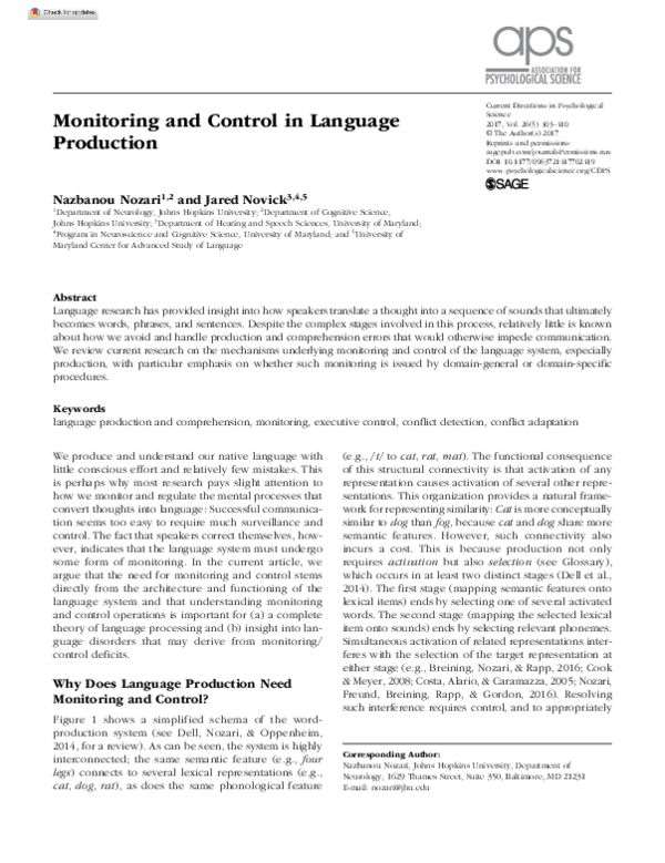 (PDF) Monitoring and Control in Language Production | Jared Novick ...
