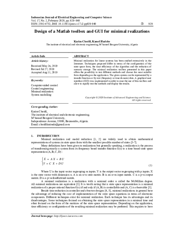 Pdf Design Of A Matlab Toolbox And Gui For Minimal Realizations