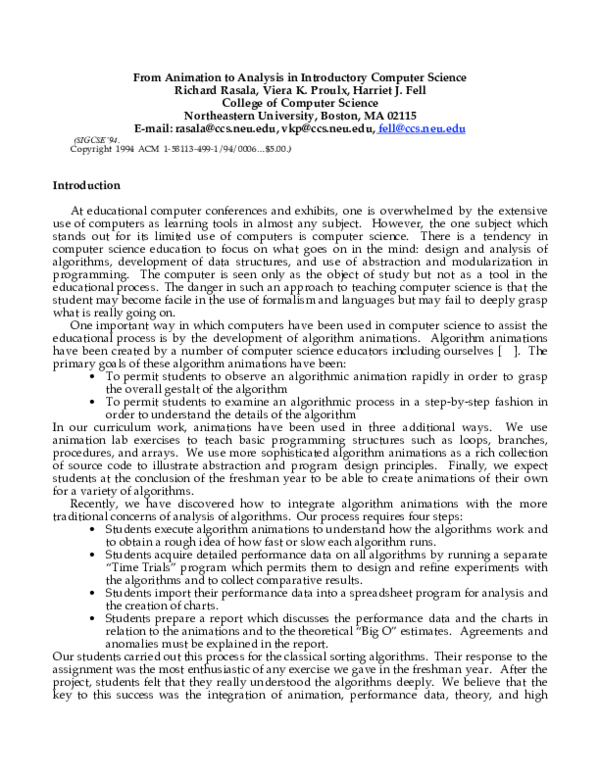 (PDF) From animation to analysis in introductory computer science