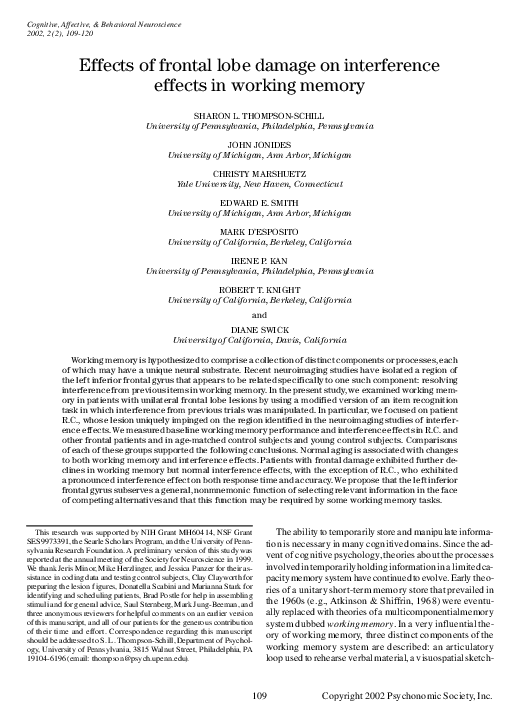 (PDF) Effects of frontal lobe damage on interference effects in working ...