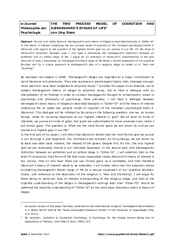 (PDF) The Two Process Model of Cognition and Kierkegaard´s Stages of Life