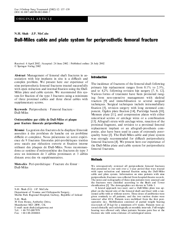 (PDF) Dall-Miles cable and plate system for periprosthetic femoral fracture