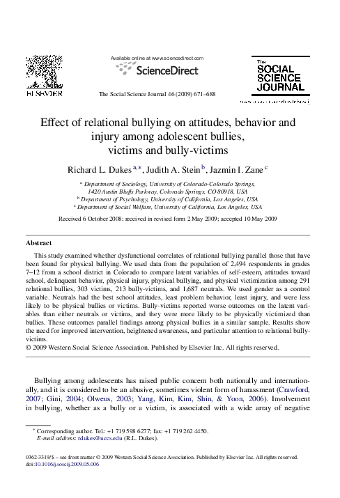 (PDF) Effect of relational bullying on attitudes, behavior and injury ...