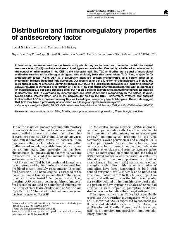 (PDF) Distribution and immunoregulatory properties of antisecretory factor
