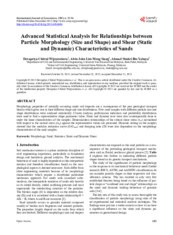 (PDF) Advanced Statistical Analysis for Relationships between Particle Morphology (Size and ...