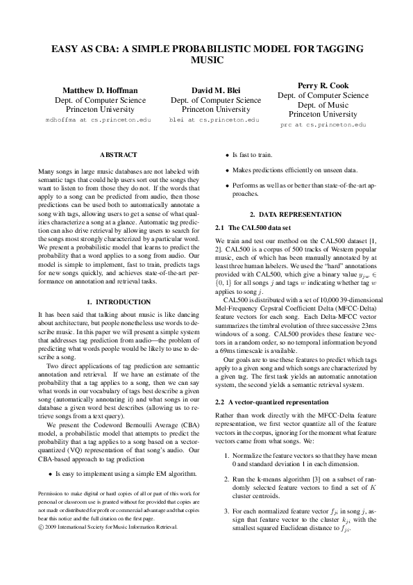(PDF) Easy as CBA: A simple probabilistic model for tagging music