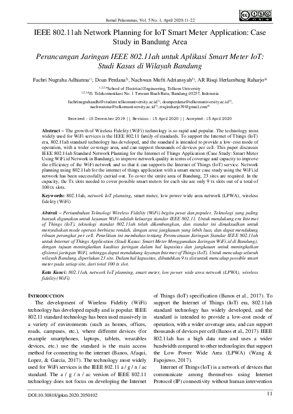 (PDF) IEEE 802.11ah Network Planning for IoT Smart Meter Application: Case Study in Bandung Area