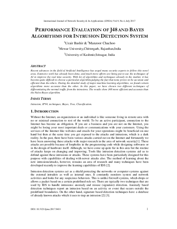(PDF) Performance Evaluation of J48 and Bayes Algorithms for Intrusion Detection System