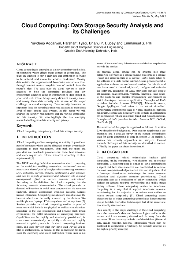 (PDF) Cloud Computing: Data Storage Security Analysis and its Challenges