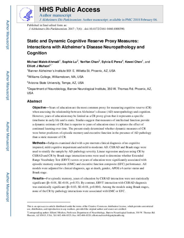 (PDF) Static and Dynamic Cognitive Reserve Proxy Measures: Interactions ...