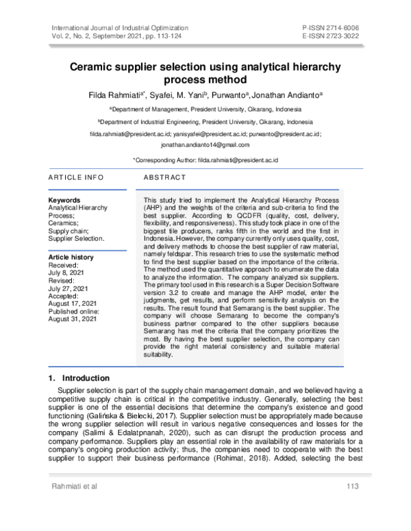 Pdf Ceramic Supplier Selection Using Analytical Hierarchy Process Method