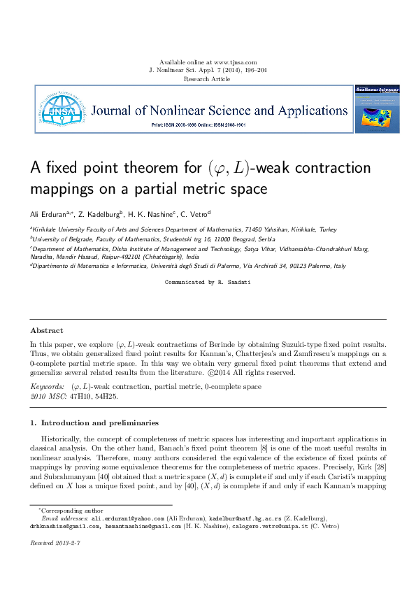 (PDF) A fixed point theorem for (φ,L )-weak contraction mappings on a partial metric space