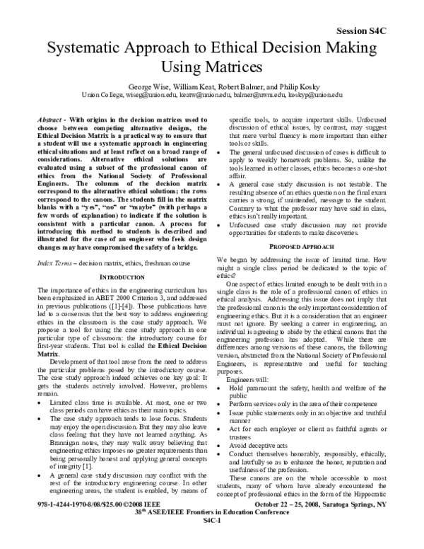 (PDF) Systematic approach to ethical decision making using matrices