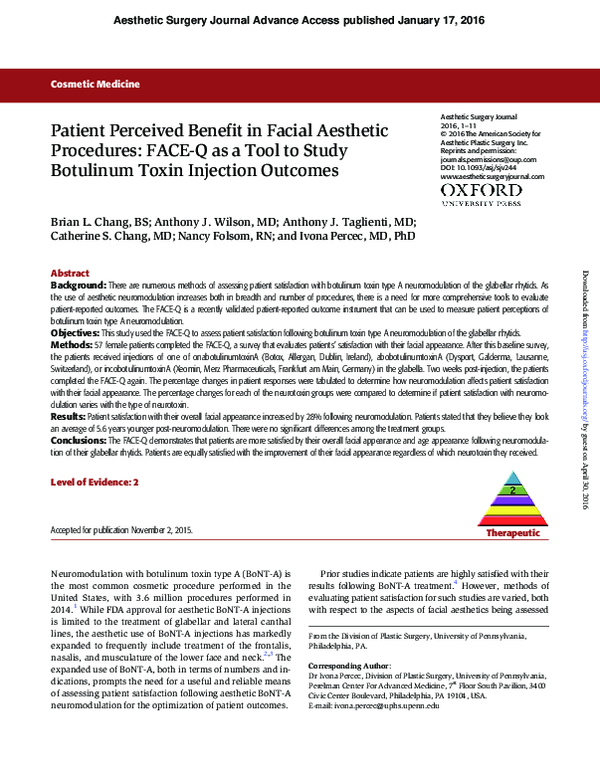 (PDF) Patient Perceived Benefit in Facial Aesthetic Procedures: FACE-Q ...