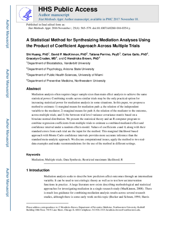 (PDF) A statistical method for synthesizing mediation analyses using the product of coefficient ...