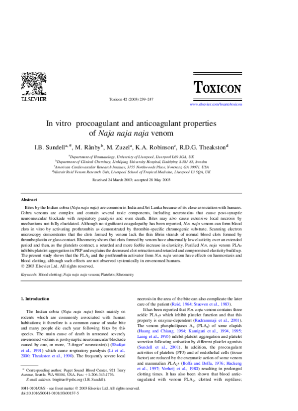 (PDF) In vitro procoagulant and anticoagulant properties of Naja naja ...