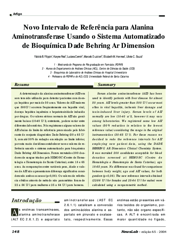 (PDF) Novo Intervalo de Referência para Alanina Aminotransferase Usando ...