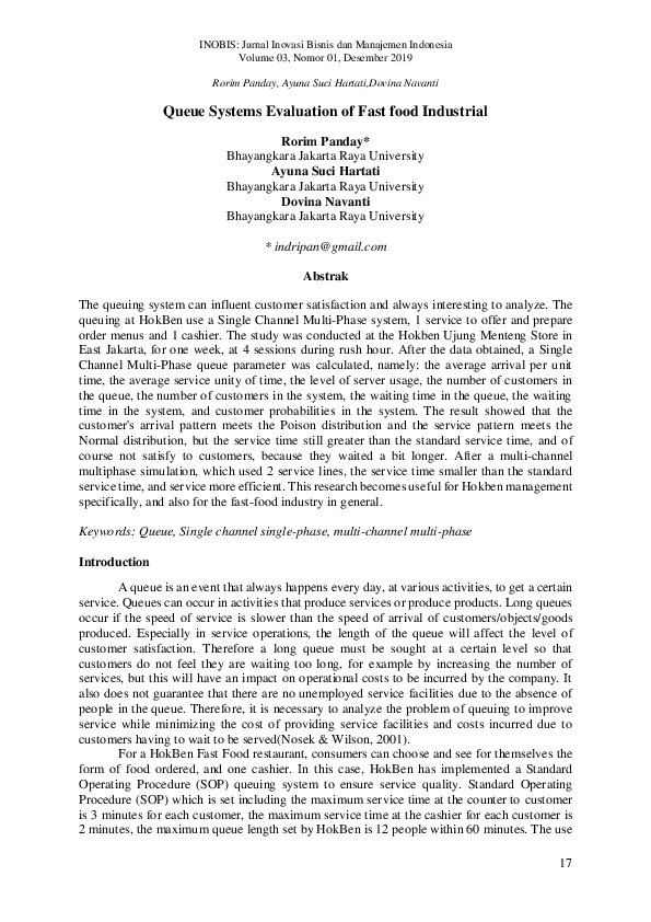 (PDF) Queue Systems Evaluation of Fast food Industrial