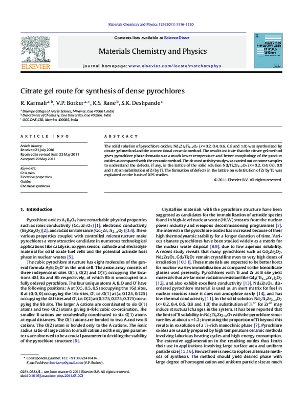 (PDF) Citrate gel route for synthesis of dense pyrochlores | Koyar Rane ...