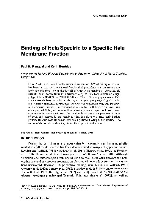 (PDF) Binding of hela spectrin to a specific hela membrane fraction