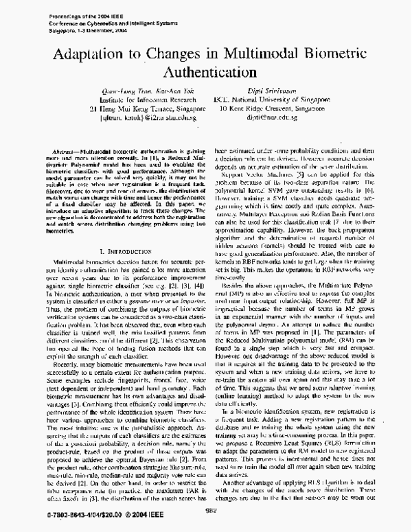 (PDF) Adaptation to changes in multimodal biometric authentication | Dipti Srinivasan - Academia.edu