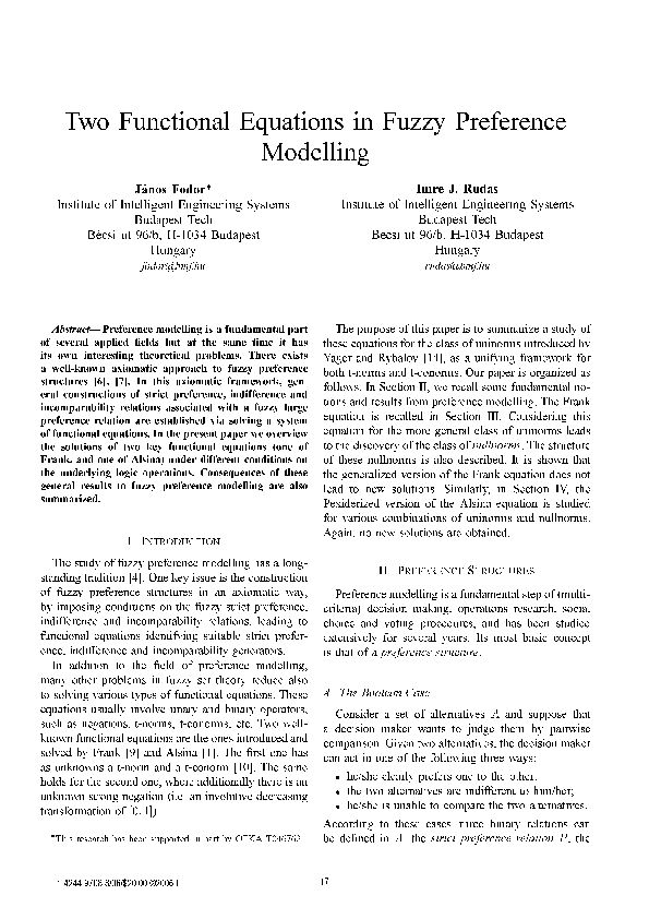 (PDF) Two Functional Equations in Fuzzy Preference Modelling