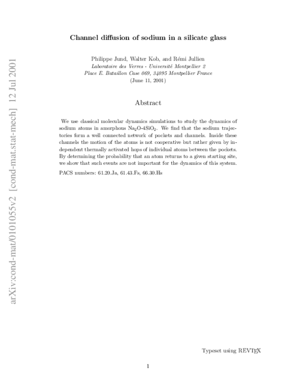 (PDF) Channel diffusion of sodium in a silicate glass