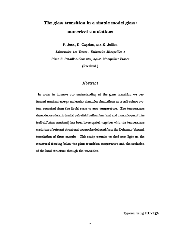 (PDF) The Glass Transition in a Simple Model Glass: Numerical Simulations