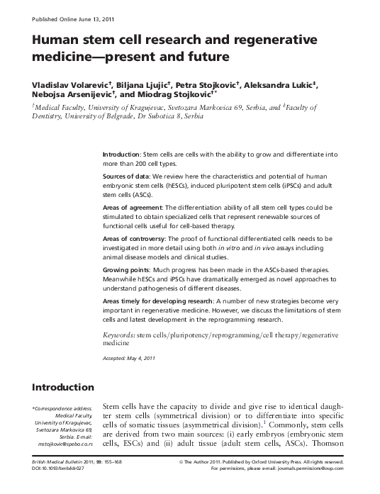 (PDF) Human stem cell research and regenerative medicine--present and ...