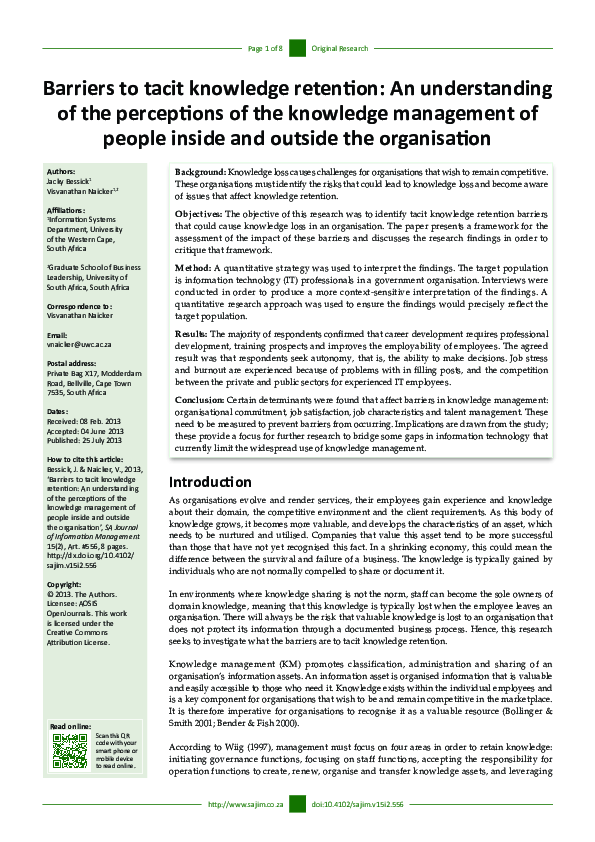 (PDF) Barriers to tacit knowledge retention: An understanding of the ...