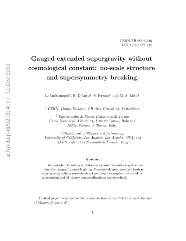 (PDF) Gauged Extended Supergravity Without Cosmological Constant: No-Scale Structure and ...