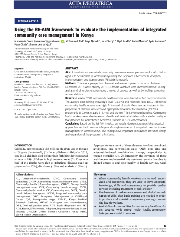 (PDF) Using the RE-AIM framework to evaluate the implementation of ...