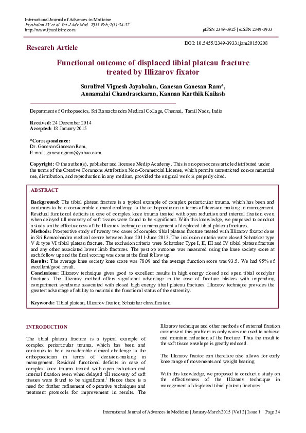 (PDF) Functional outcome of displaced tibial plateau fracture treated ...