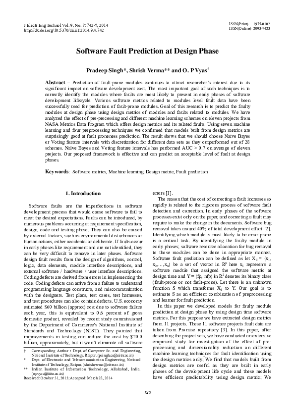 Pdf Software Fault Prediction At Design Phase