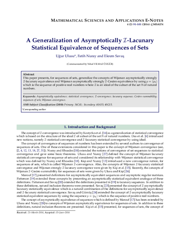 (PDF) A Generalization of Asymptotically I-Lacunary Statistical Equivalence of Sequences of Sets ...