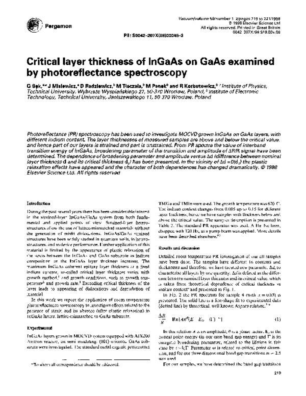 (PDF) Critical layer thickness of InGaAs on GaAs examined by photoreflectance spectroscopy
