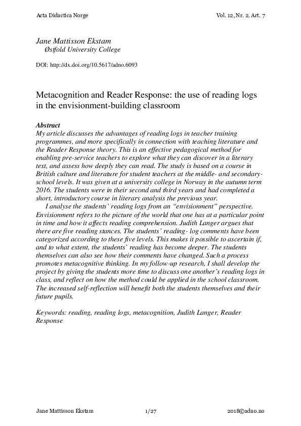 (PDF) Metacognition and Reader Response: the use of reading logs in the ...